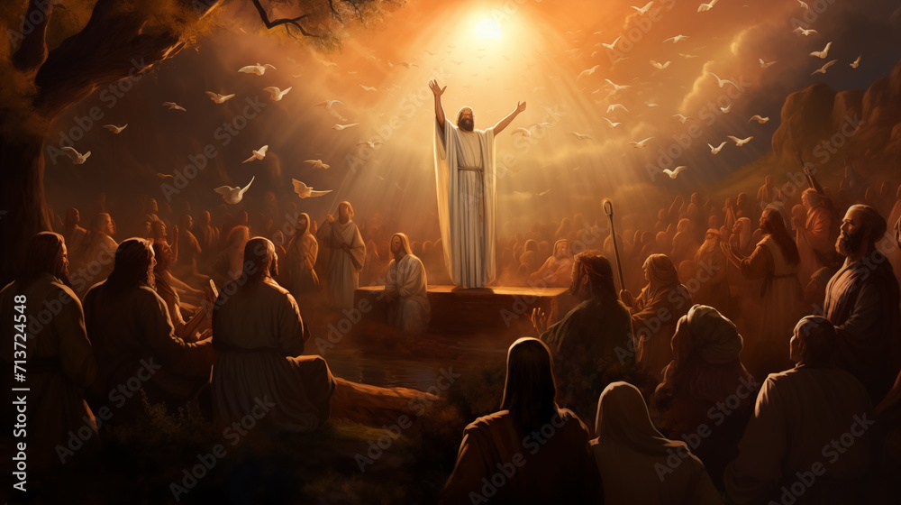 Jesus resurrected with disciples. Easter theatrical reconstruction ...