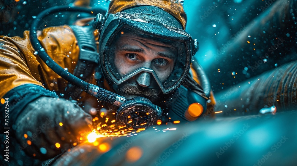 an underwater diver worker wearing a Military watch and welding a tube ...