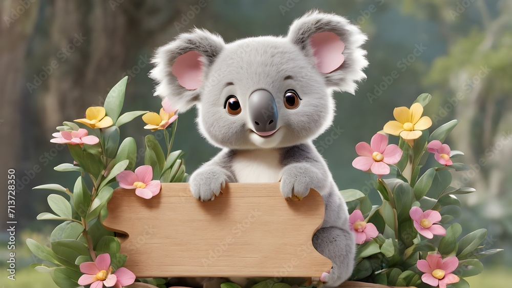 Cute Koala holding wooden sign board on white screen,copy blank space ...