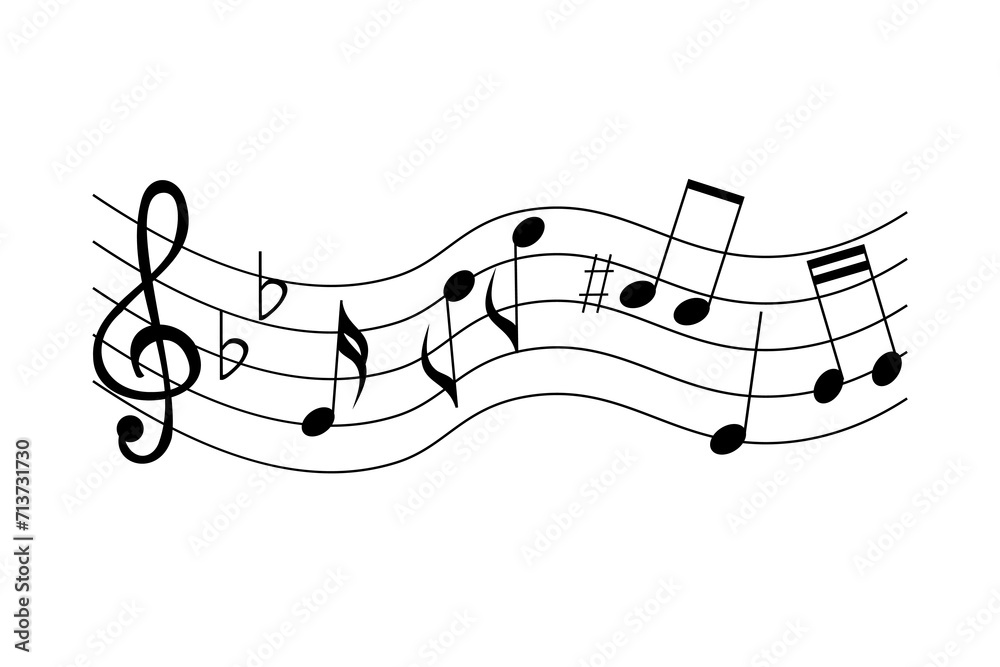 Musical Notes On Staff In Black And White Isolated On White Background