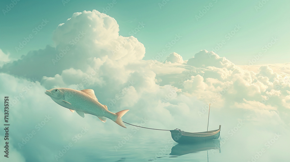 Whimsical scene of a flying fish pulling a small boat through the ...