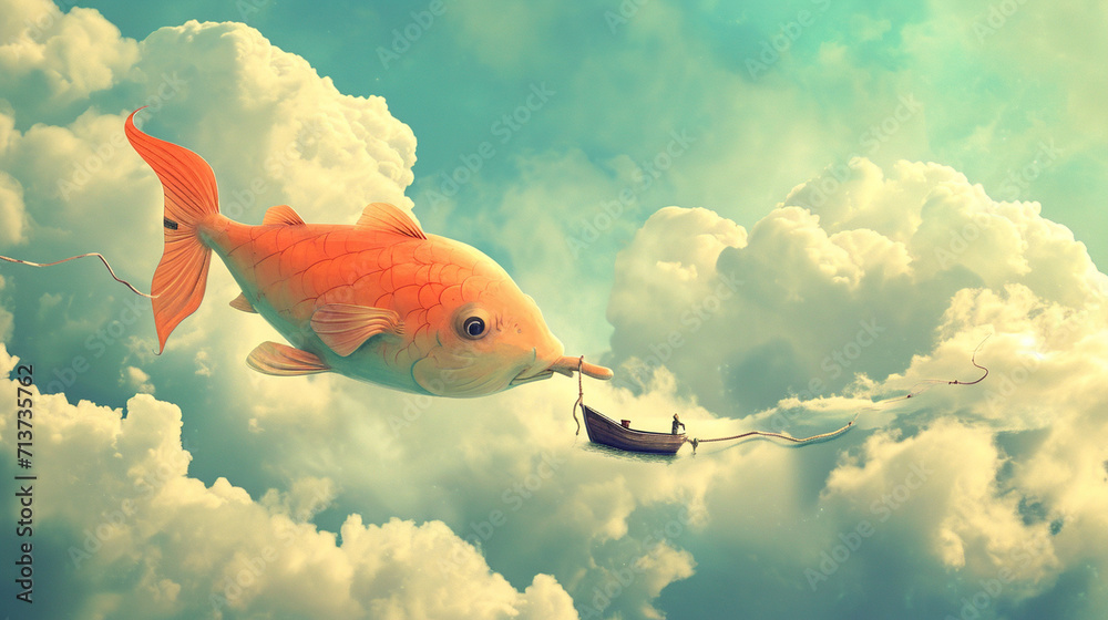 Whimsical scene of a flying fish pulling a small boat through the ...