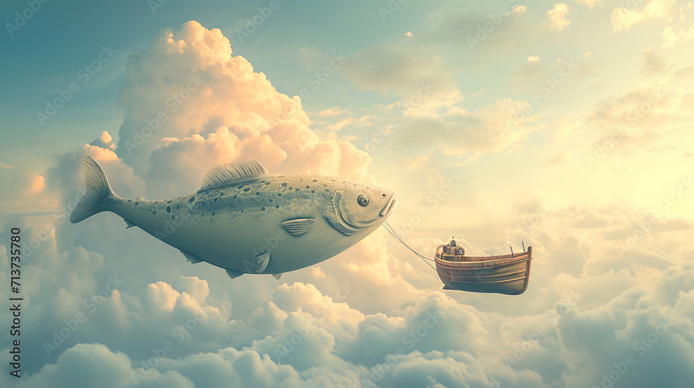 Whimsical scene of a flying fish pulling a small boat through the ...