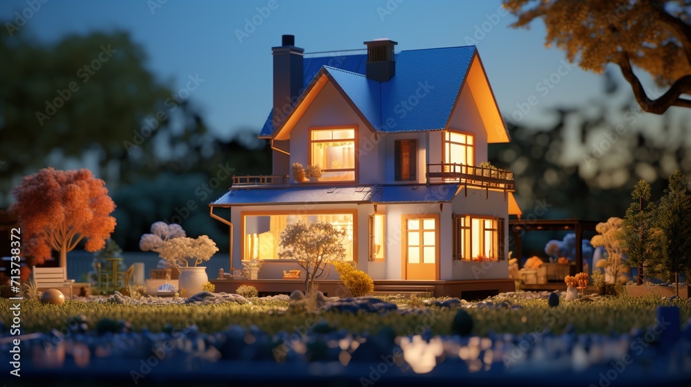 A charming miniature model of a classic house with glowing windows ...