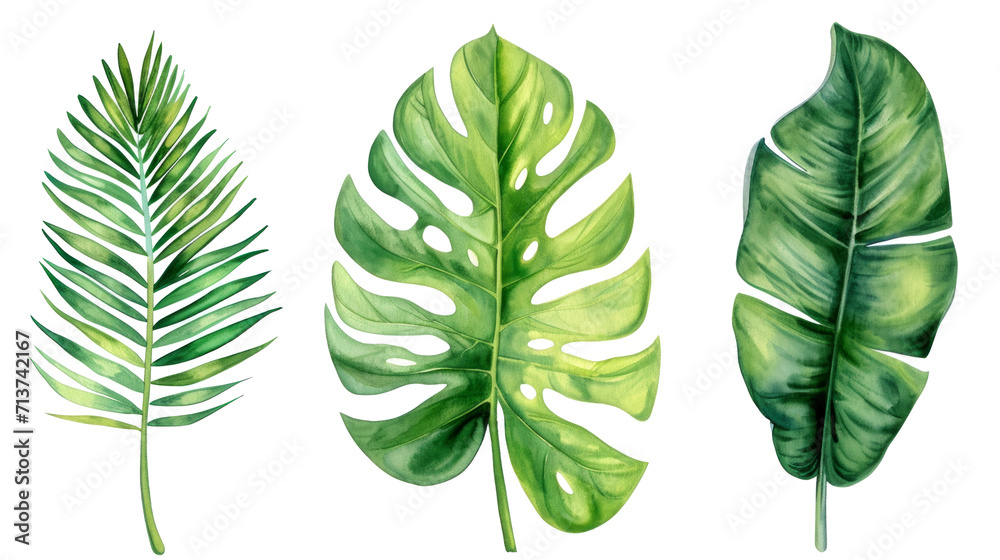 Set Collection Watercolor tropical leaves Modern green tropical leaves ...