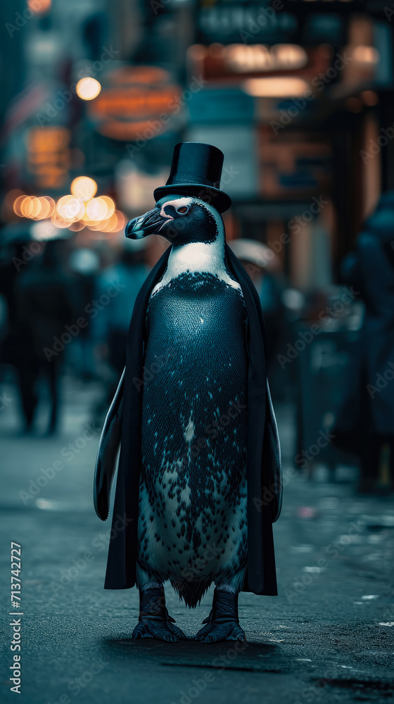 Dapper penguin struts through city streets in tailored elegance ...