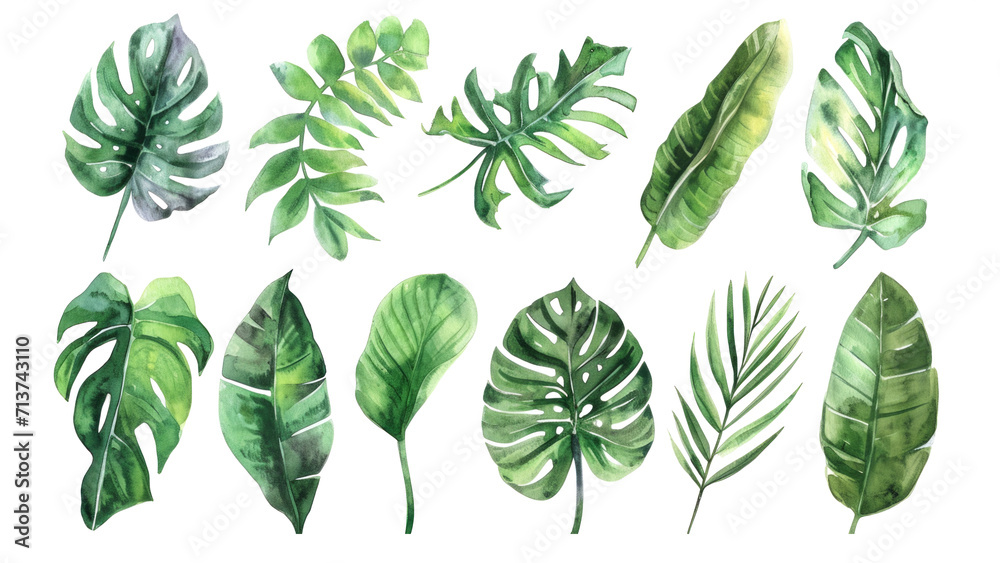 Set Collection Watercolor tropical leaves Modern green tropical leaves ...