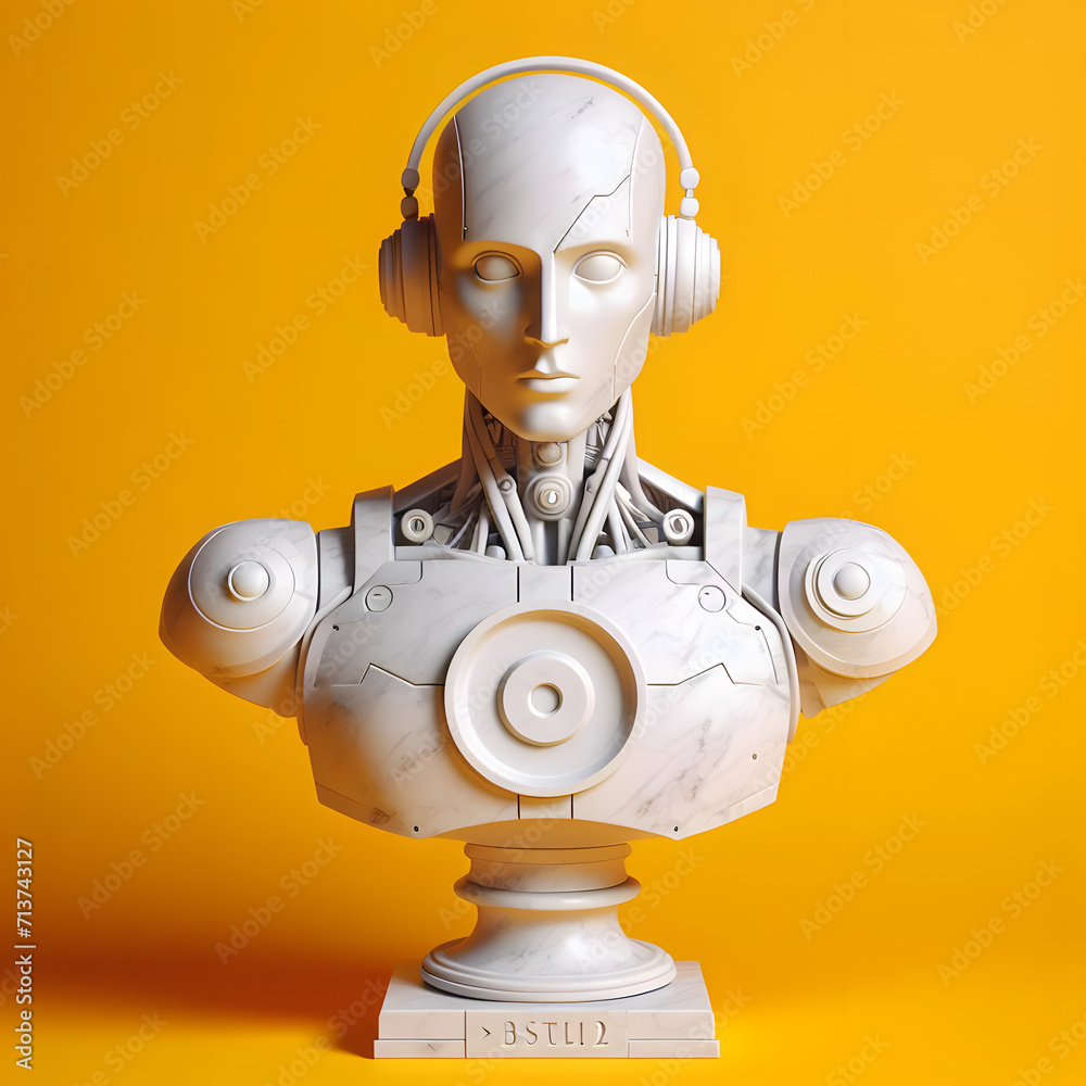 ภาพประกอบสต็อก A white marble bust of robot on a yellow background 3d ...