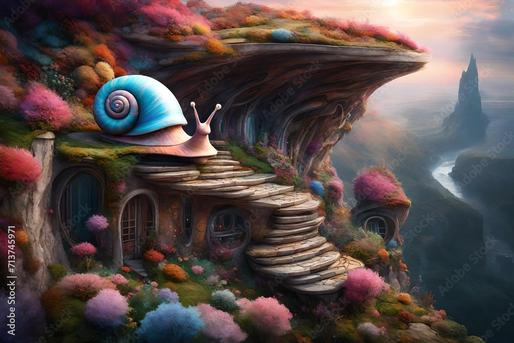 Imagine a spellbinding digital artwork showcasing a snail-inspired ...