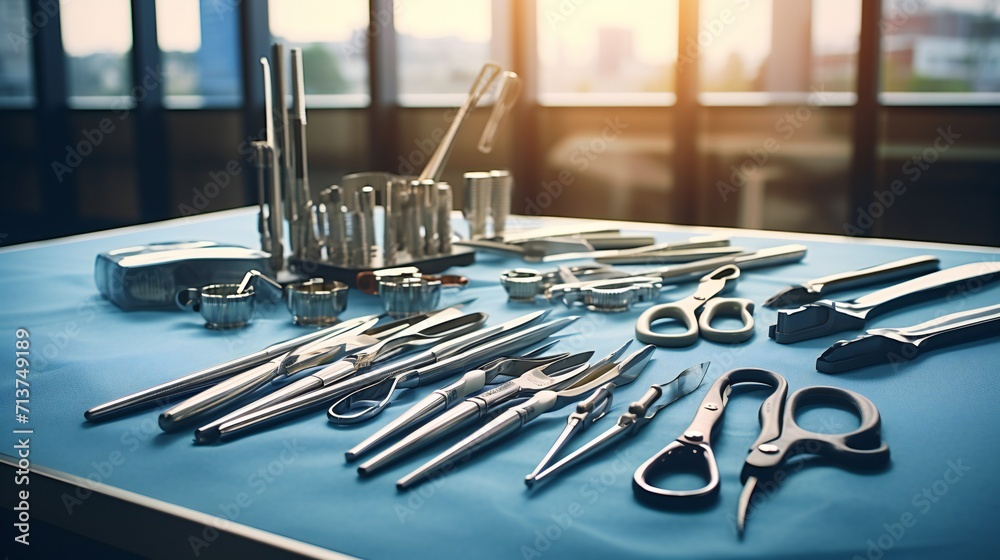Landscape shot featuring an array of surgical forceps, clamps, and ...