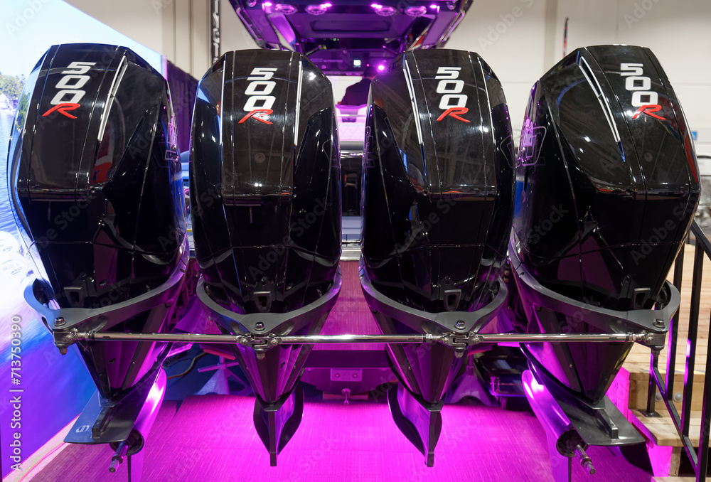 TORONTO-JANUARY 19, 2024: Four black Mercury 500 Racing outboard ...