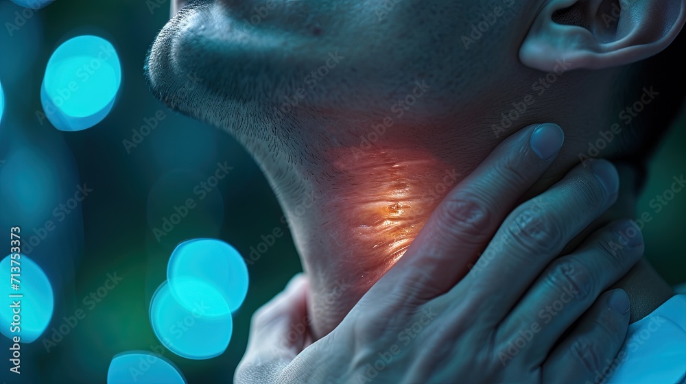 A persone holding neck with a painful focus in the thyroid gland ...