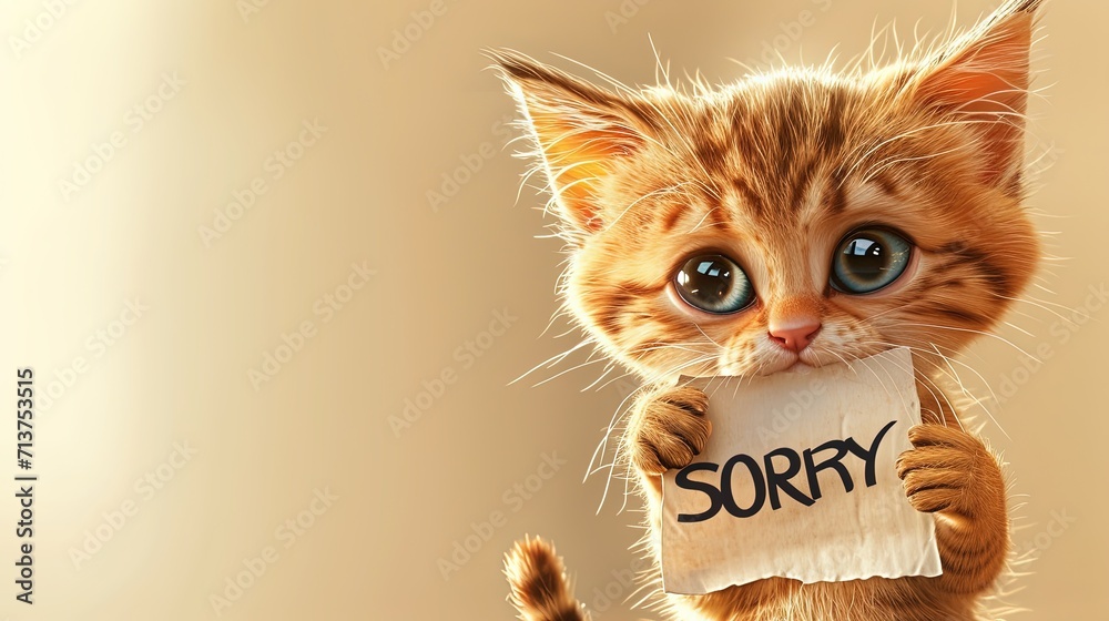 A cartoon illustration of a sad peach kitten holding in its paws a ...