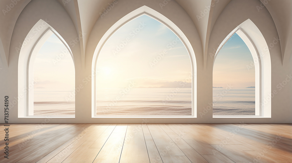 simple elegant view of interior space with arch window design with ...