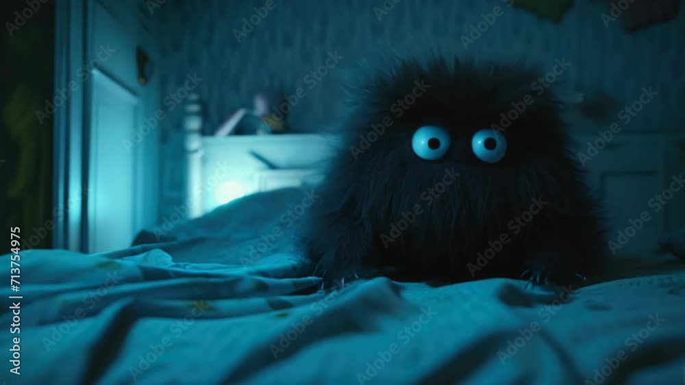 Сhild had nightmare. Scary funny fluffy monster sit on bed. Spooky ...