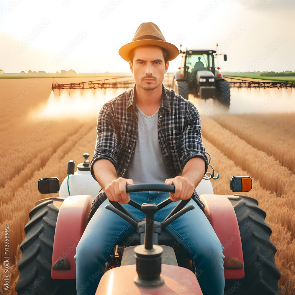 tractor working in fields. Green powerful agricultural tractor plows ...