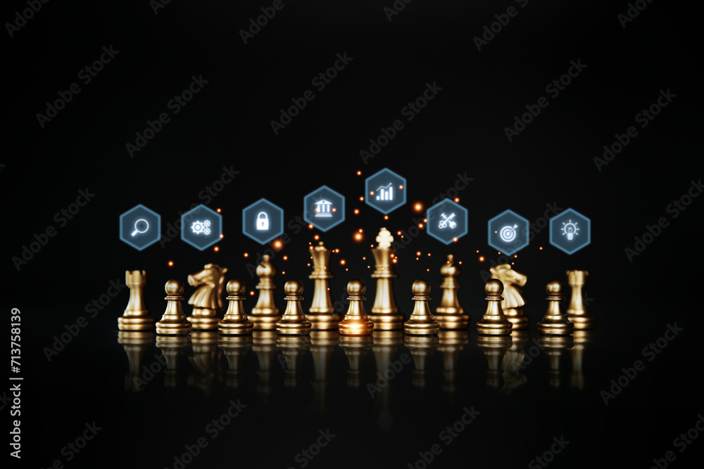King chess pieces with teamwork icons concepts of leadership or wining ...