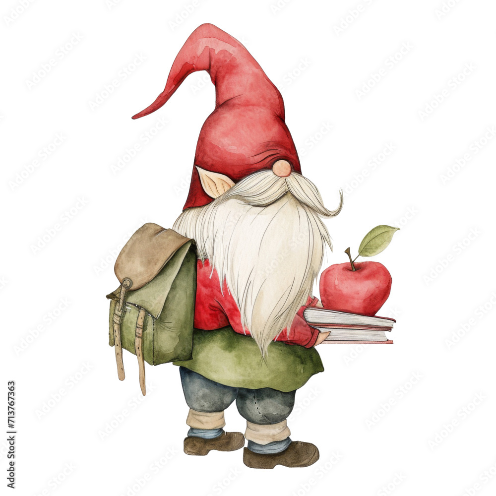 Back to school, Watercolor illustration of student gnome is holding a ...