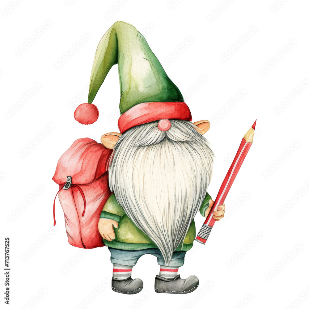 Back to school, Watercolor illustration of gnome is holding a pencil ...