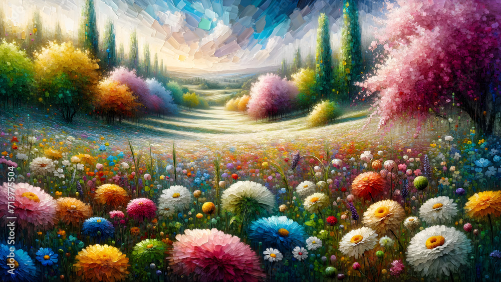 Vintage Landscape with Spring Sumer Season, Flower Nature's Symphony in ...