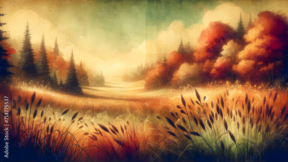 Vintage Landscape with Autumn Season, Maple leaf Nature's Symphony in ...