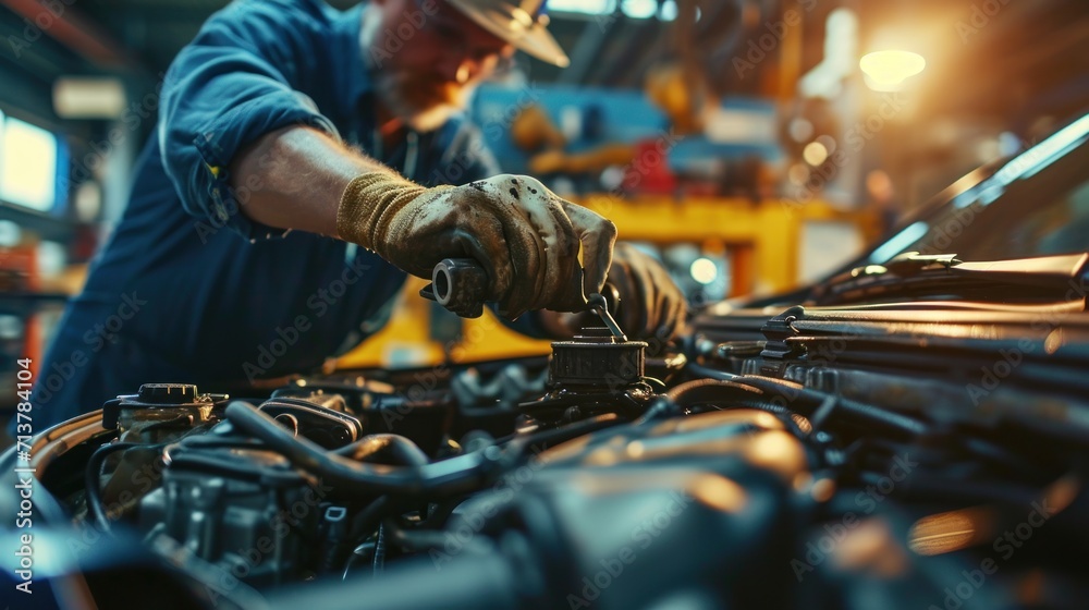 mechanic is doing the annual car inspection. Car repair shop is ready ...