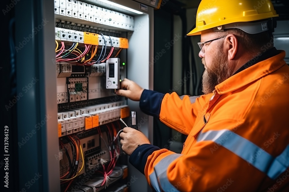An electrician engineer using a multimeter to assess electrical ...