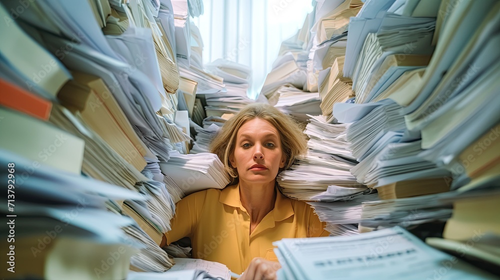 A woman drowning in a sea of bills, surrounded by towering stacks of ...