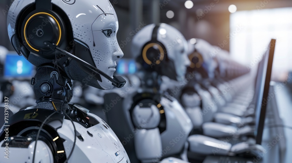 AI humanoid robot call center futuristic with headset call with a large ...