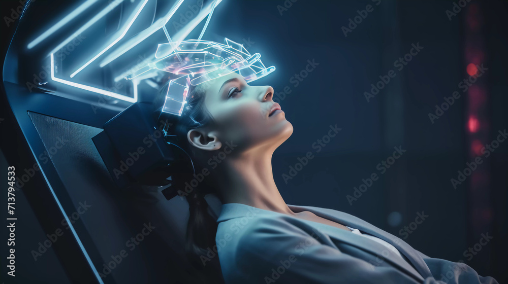 Screen displays woman using head scanning device for neurology ...