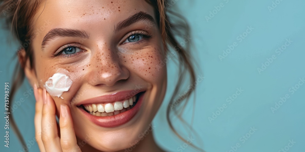 Skincare. Beauty Concept. Young pretty woman applying sun cream and ...