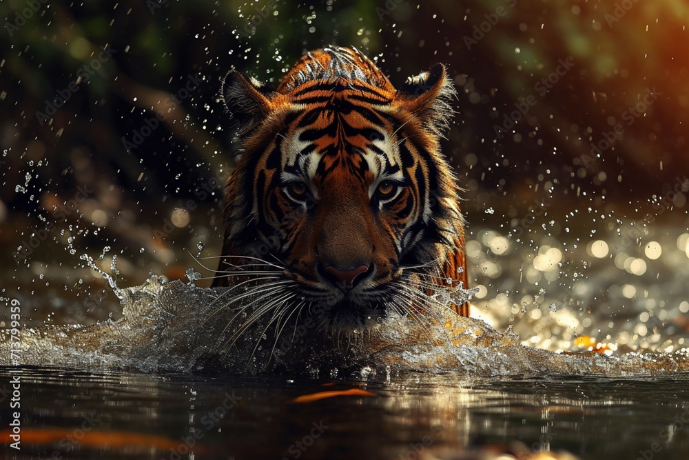 Tiger stealthily moving through a river water droplets trailing its ...