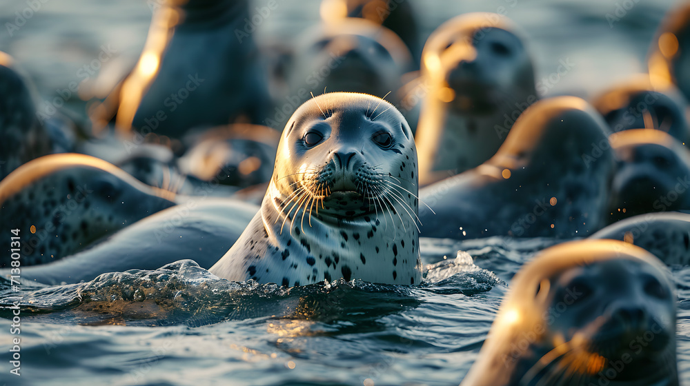 Seal family in the ocean water with setting sun shining. Group of wild ...