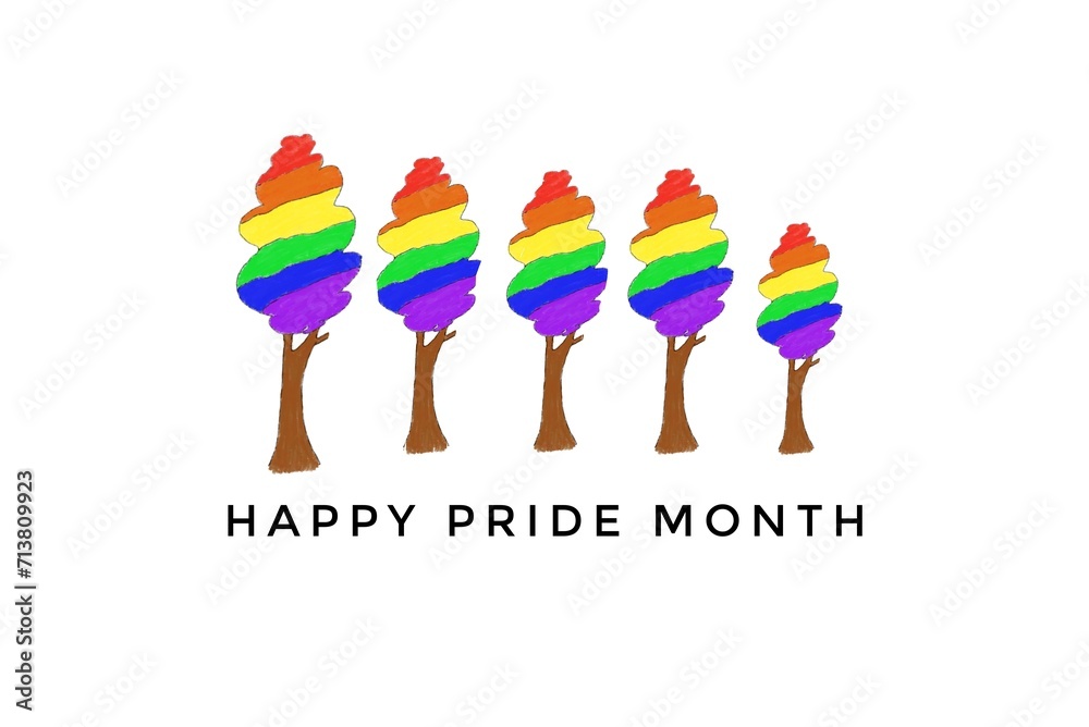 Hand drawn picture of rainbow color trees. Happy Pride Month. White ...
