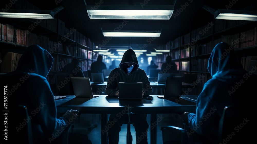 Hackers in a black hood, with a hidden face in the shadows, working in ...