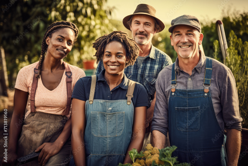 Portrait of multiethnic group of happy farmers look and smile at camera ...
