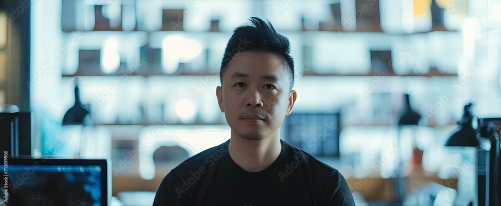 a korean man in front of computers, digital technology, dark blue and ...