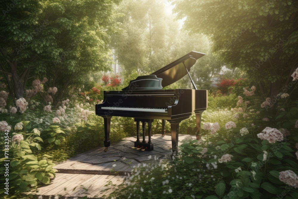 Grand piano in green garden. Musical classic instrument in spring ...