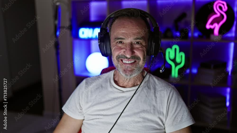 Smiling middle age man, grey hair streamer with beard, rocking thumb up ...