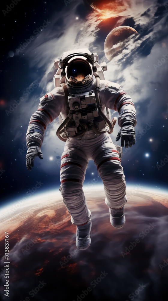 Astronaut spaceman do spacewalk while working for space station in ...