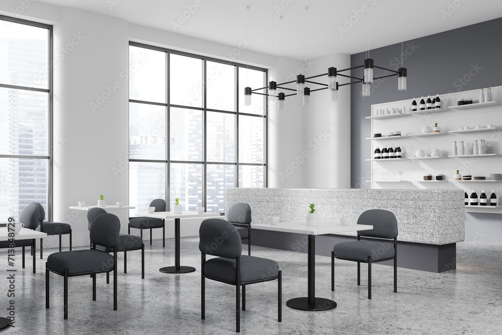 Modern cafe interior with bar counter and dining tables with chairs ...