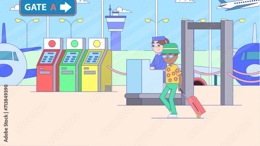 2D illustrated Animation scene of Airport With Passengers Passing ...