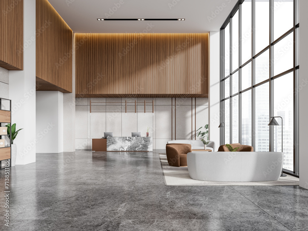 Luxury office lobby interior reception desk and lounge zone with window ...