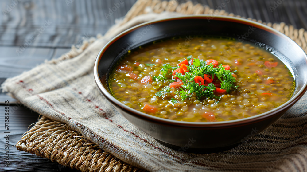 A bowl of Filipino Ginisang Munggo (Sauteed Mung Bean Soup) on a native ...