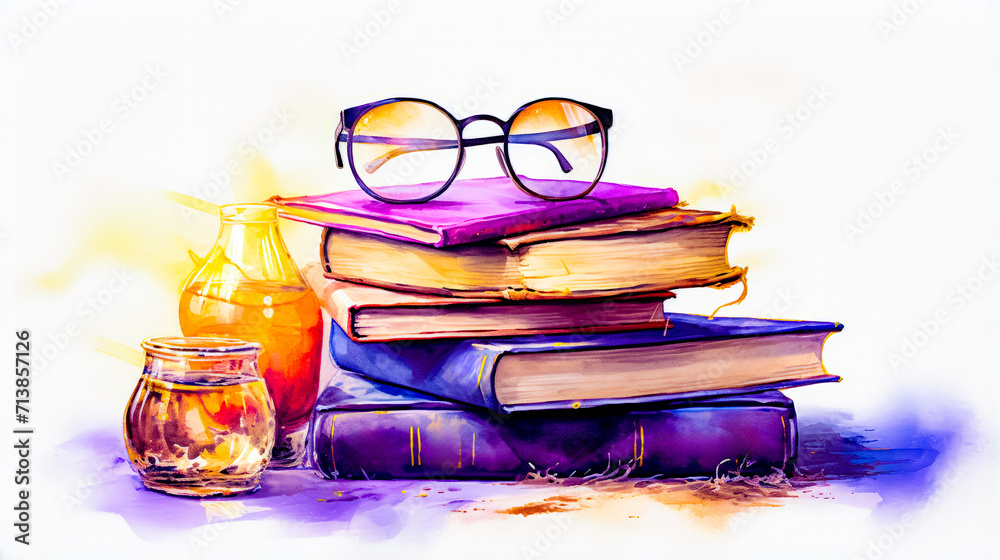 Watercolor painting of stack of books with glasses on top of them ...