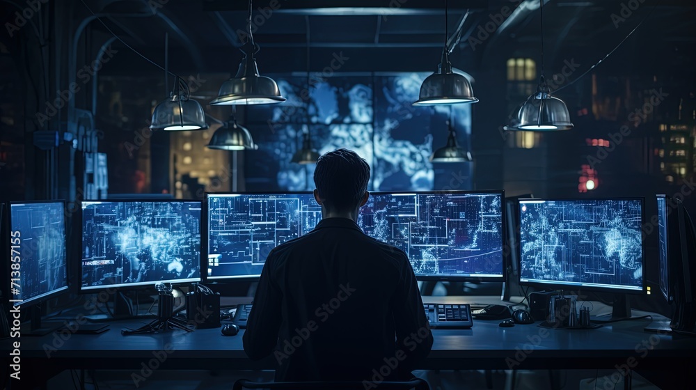 Security officer attentively surveys multiple screens displaying ...