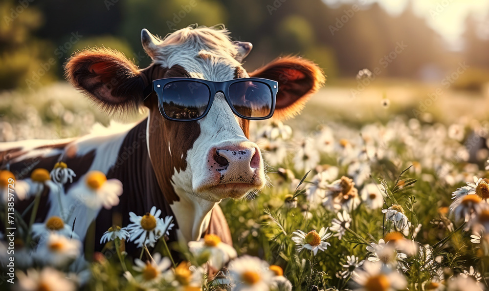 Humorous portrait of a happy cow with sunglasses in a sunny field of ...