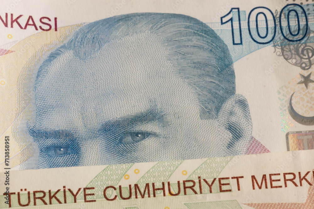 Turkish money, closeup of hundreds of Turkish lira banknotes on light ...