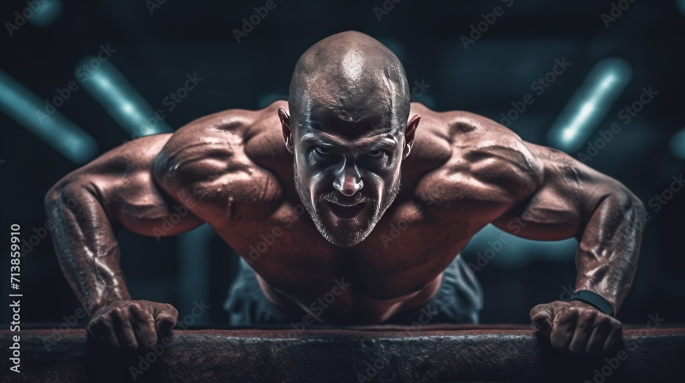 The strong arm of a focused athlete is tensed, with veins and muscles ...