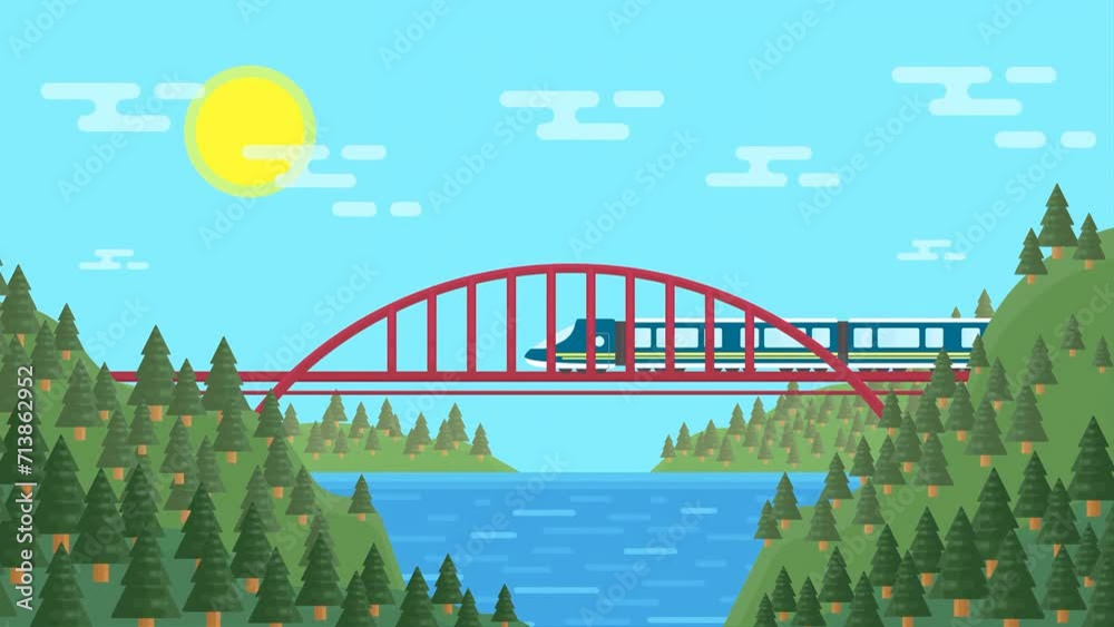 2D Rendered Animated Scene Of Train Passing On A Bridge Over A Lake ...